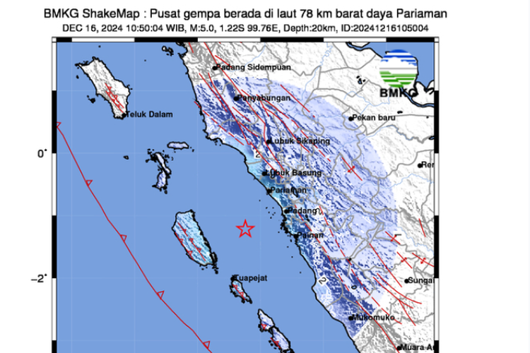 Gempa Berkekuatan M 5,0 Guncang Pariaman Sumatera Barat